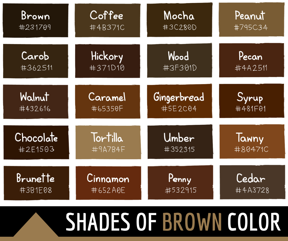 128 Shades Of Brown Color With Names Hex RGB CMYK Codes Color Meanings